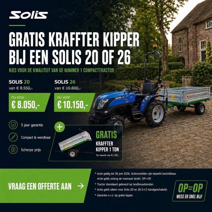 ≥ Solis 20 - 26 schakel minitractor ACTIE gratis KIPPER — Agrarisch ...